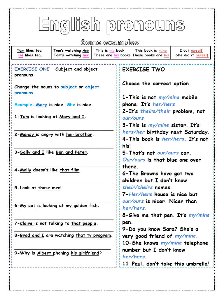 Exercise One: My/mine Her/hers Theirs/their Our/ours My/mine Hers/her ...