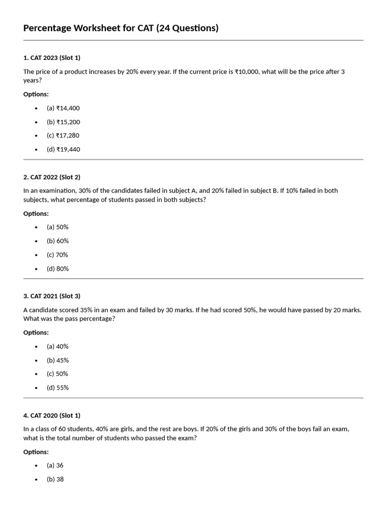 Percentage Worksheet for CAT | PDF