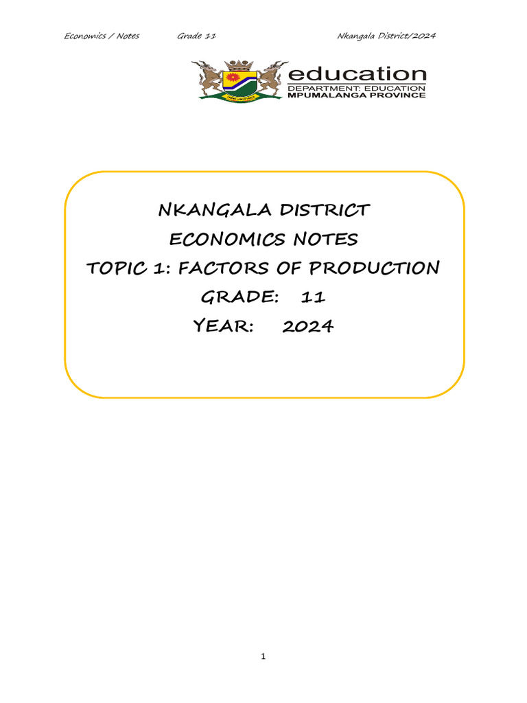 TOPIC 1 Notes Factors of Production GRADE 11 | PDF