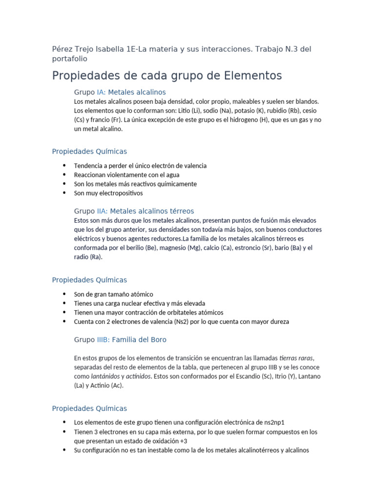 Propiedades de cada grupo de Elementos (Pérez Trejo Isabella) | PDF