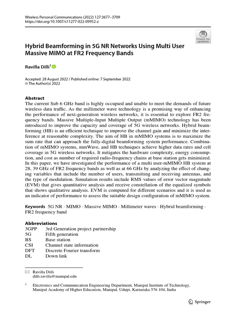 Hybrid Beamforming in 5G NR Networks Using Multi User Massive MIMO at FR2 Frequency Bands | PDF