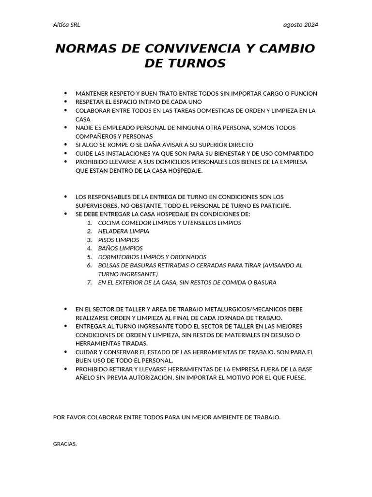 Normas de Convivencia y Cambio de Turnos | PDF