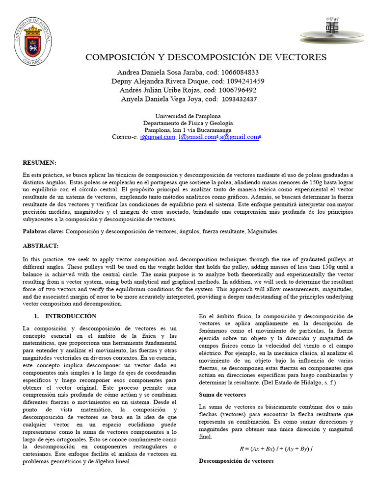 Informe Composición y Descomposición de Vectores | PDF