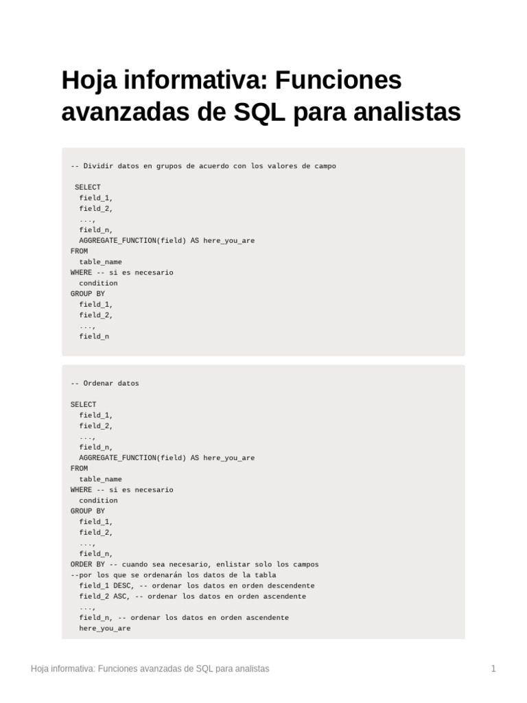 Moved Hoja Informativa Funciones Avanzadas de SQL para Analistas | PDF | SQL | Ingeniería de ...
