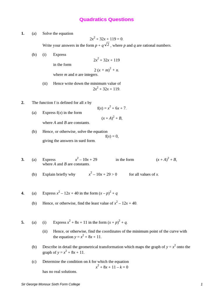 Quadratic Equations and Solutions Guide | PDF | Equations ...