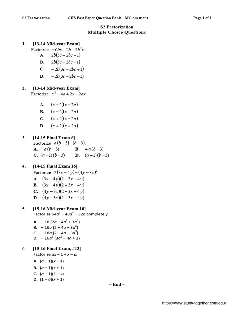 Good Hope School - 11 16 S2 Factorization MC+CQ | PDF