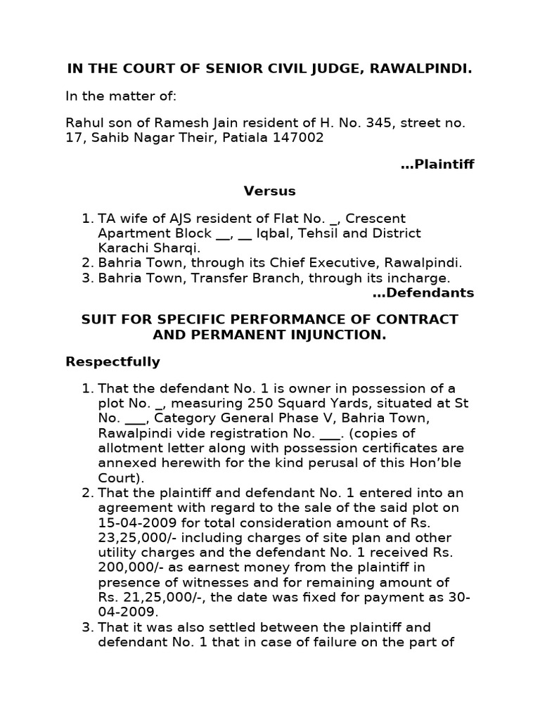 Specific Performance Suit in Rawalpindi | PDF | Lawsuit | Deposition (Law)