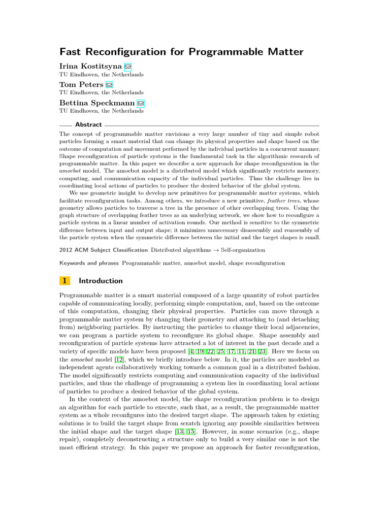 Fast Reconfiguration For Programmable Matter | PDF