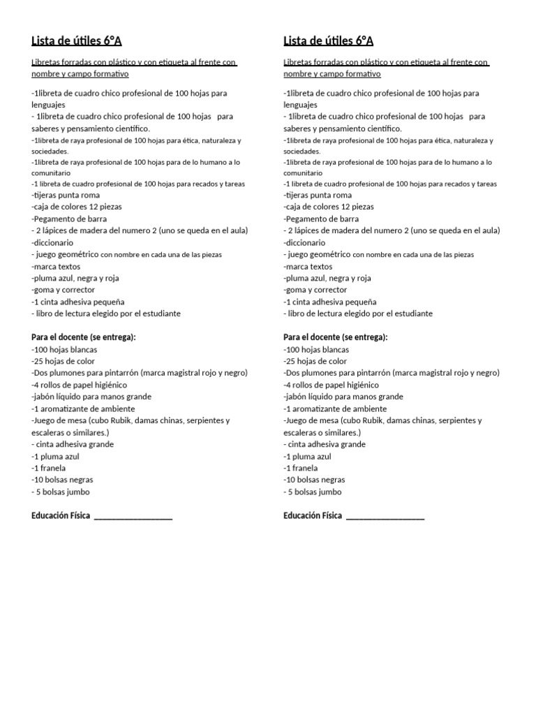 Lista de Útiles 6 A | PDF