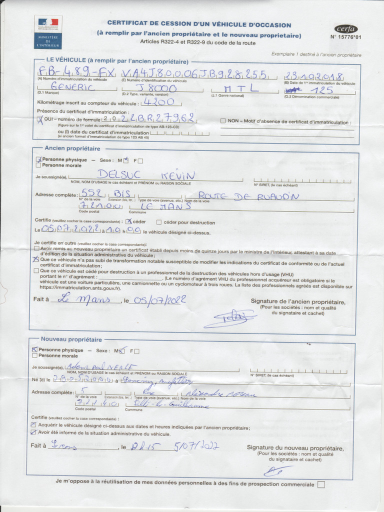 Certificat Cession 125 | PDF