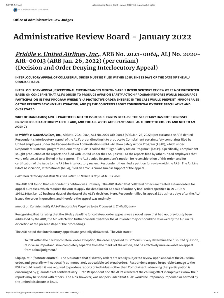 Administrative Review Board - January 2022 - U.S. Department of Labor | PDF