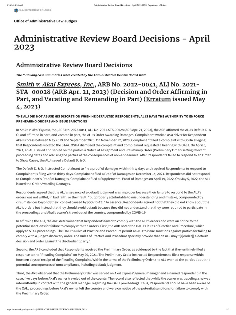 Administrative Review Board Decisions - April 2023 - U.S. Department of ...