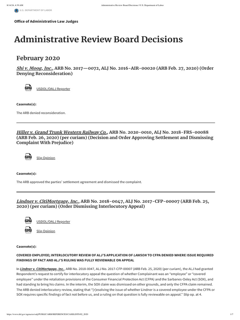 Administrative Review Board Decisions - U.S. Department of Labor | PDF