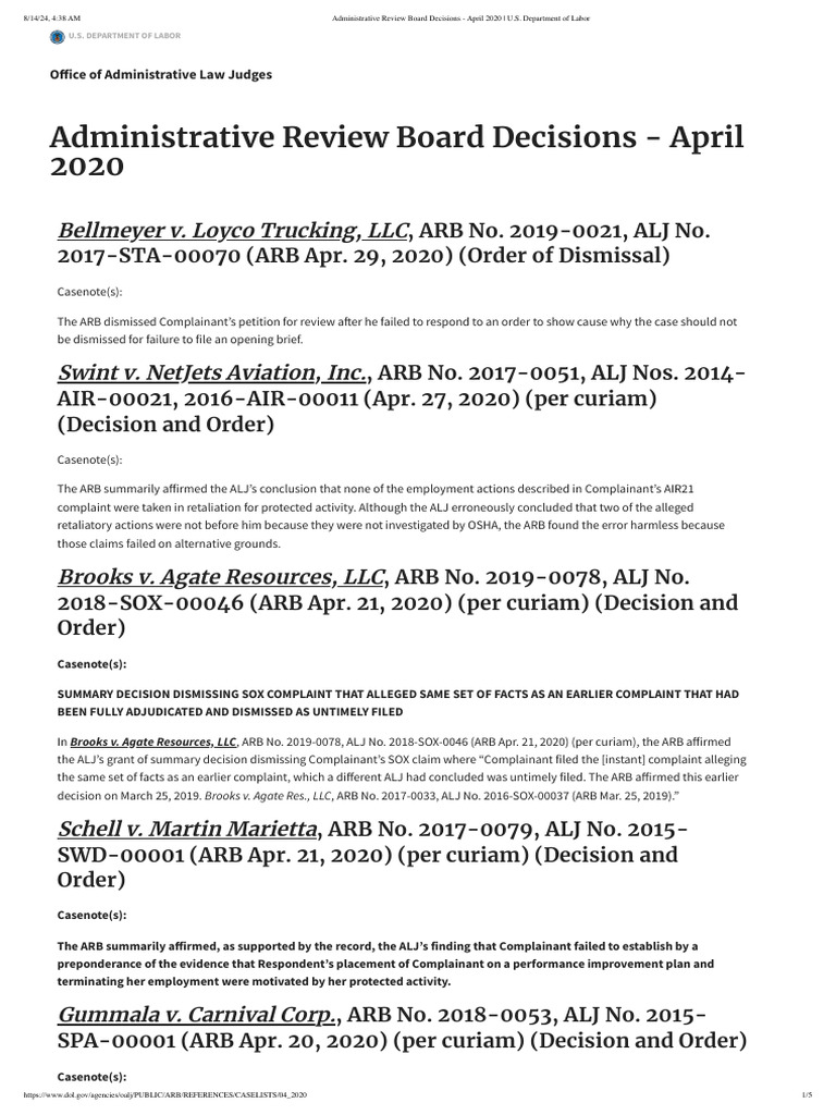 Administrative Review Board Decisions - April 2020 - U.S. Department of ...