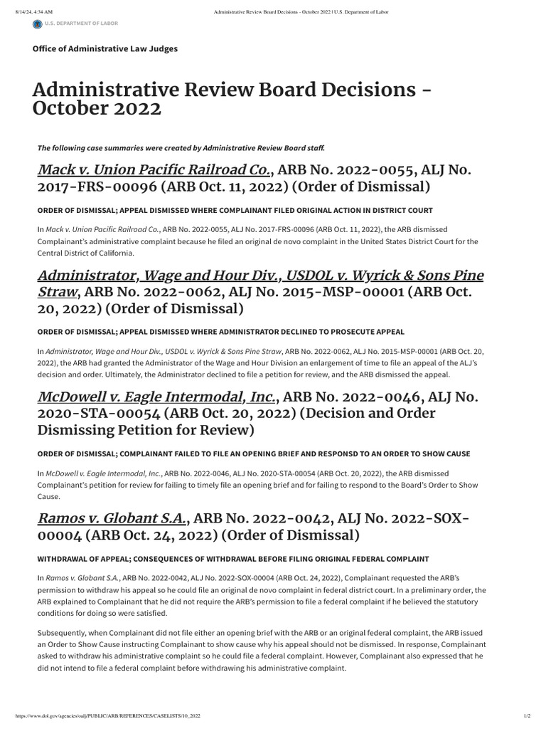 Administrative Review Board Decisions - October 2022 - U.S. Department ...