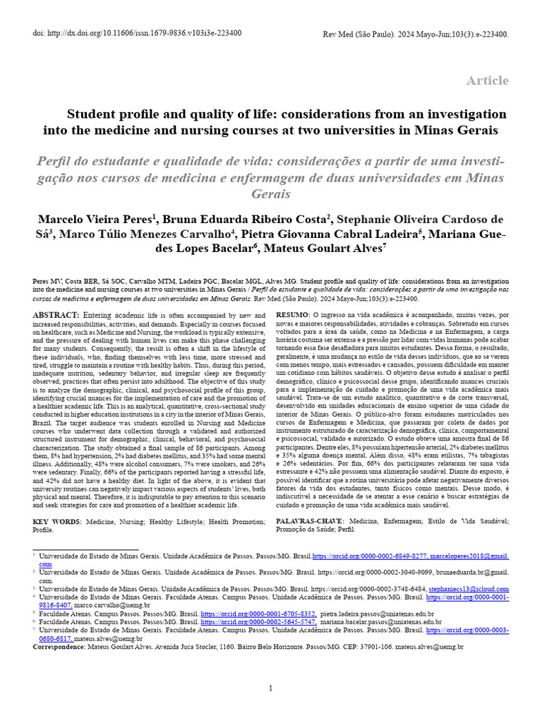 Student Profile and Quality of Life: Considerations From An ...