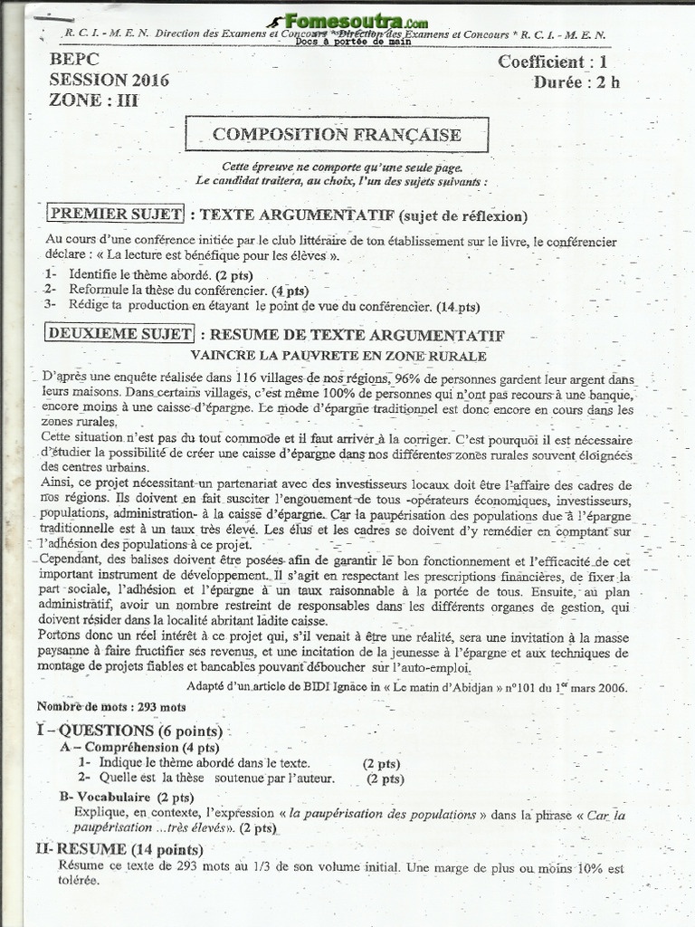 612b48421444dsujet Corrige Et Bareme Composition Francaise Bepc | PDF