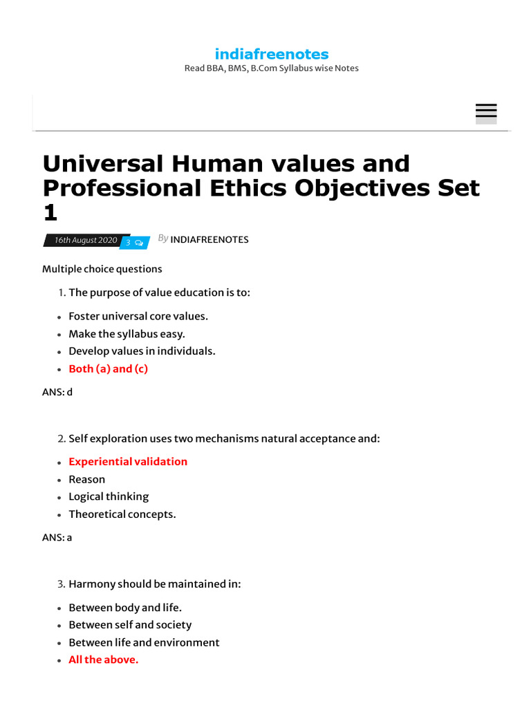 Indiafreenotes Com Universal Human Values and Professional Ethics ...