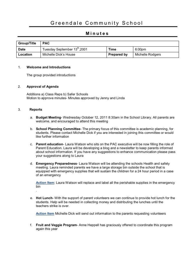 PAC Meeting Minutes September 2011 | PDF | Social Science | Wellness