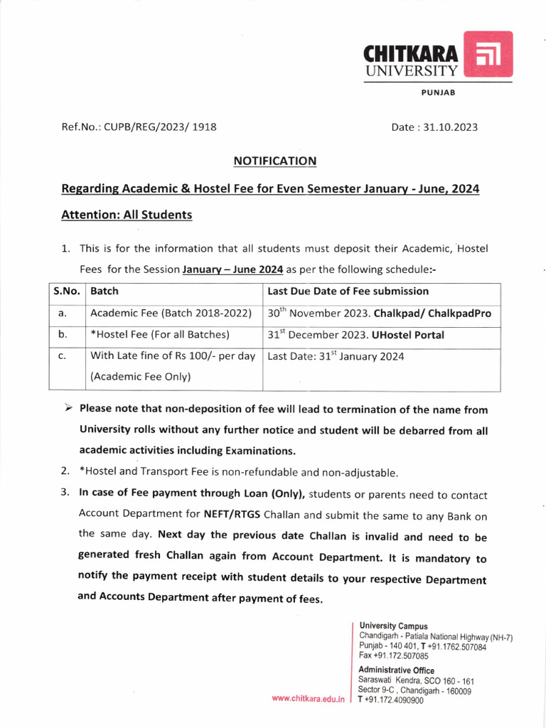 Notification Regarding Academic & Hostel Fee Jan-June 2024 | PDF