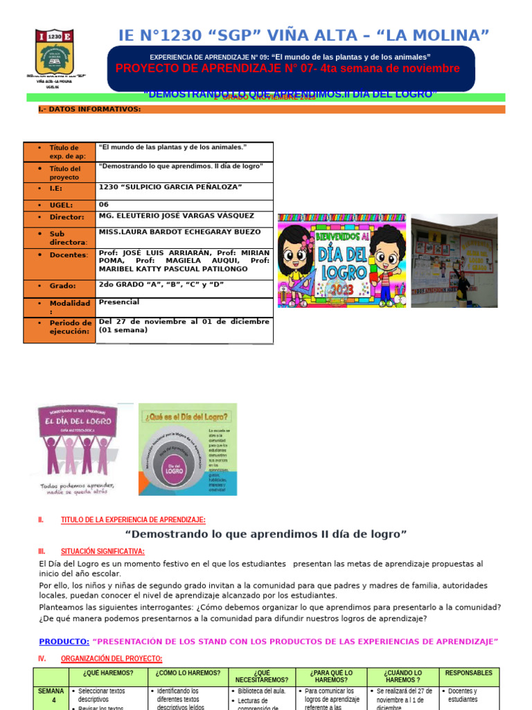 2023 - NOVIEMBRE-PROYECTO DE APRENDIZAJE N°07 - II DIA DEL LOGRO-DEL 27 DE NOV AL 01 DE ...