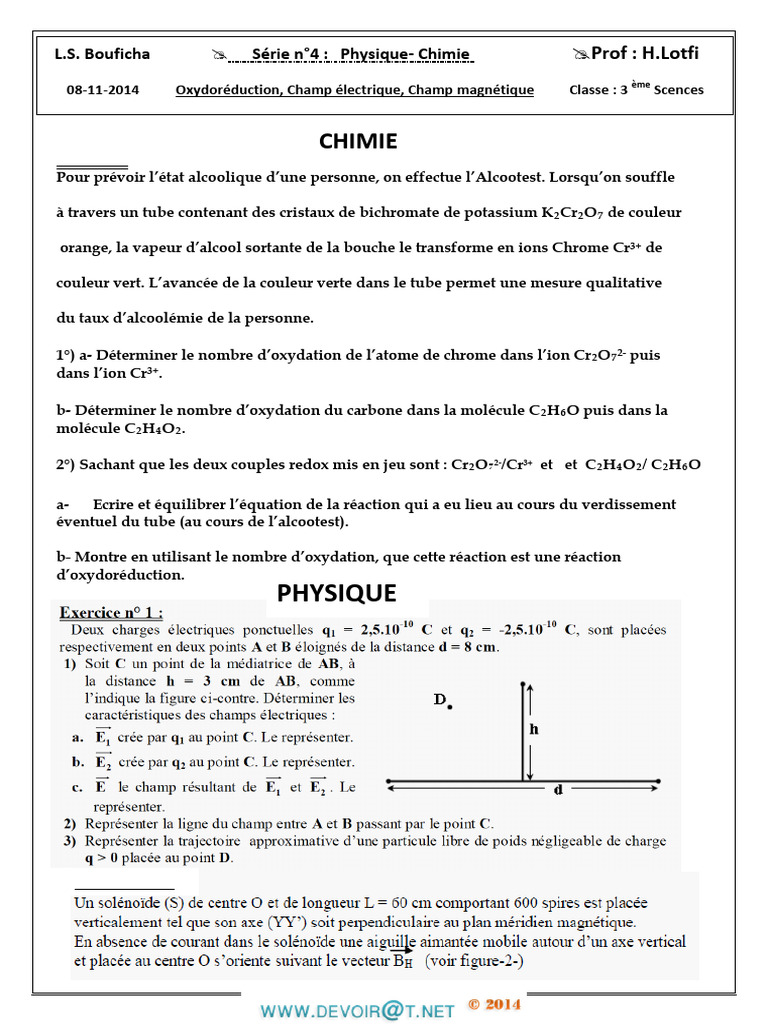 Série D'exercices N°4 - Sciences Physiques - Oxydoréduction, Champ Électrique, Champ Magnétique ...