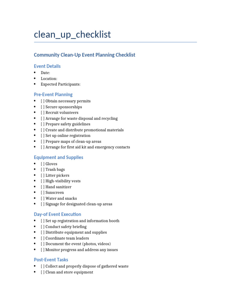 Clean Up Checklist | PDF