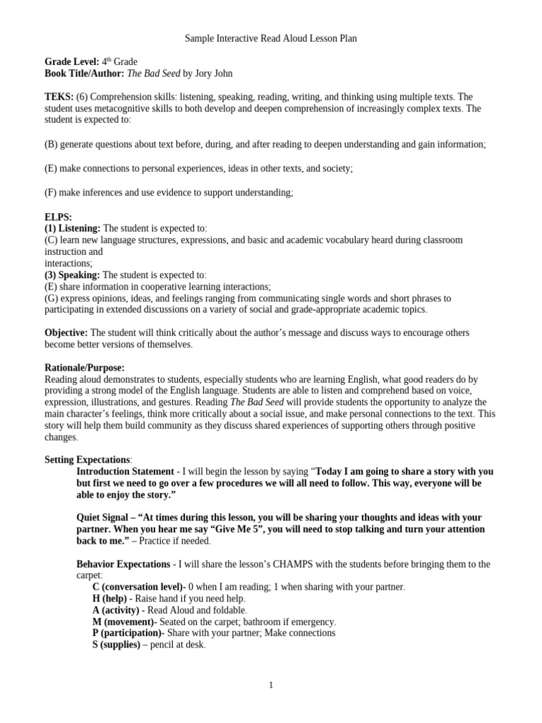 The Bad Seed Sample RA Plan | PDF | Reading Comprehension | Cognitive ...