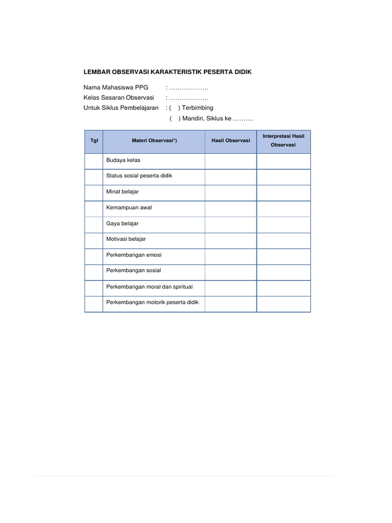 Lembar Observasi PPL 1 PPG Prajab 2023 | PDF