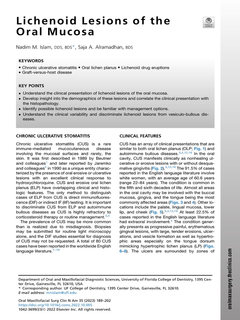 Lichenoid Lesions of The Oral Mucosa | PDF