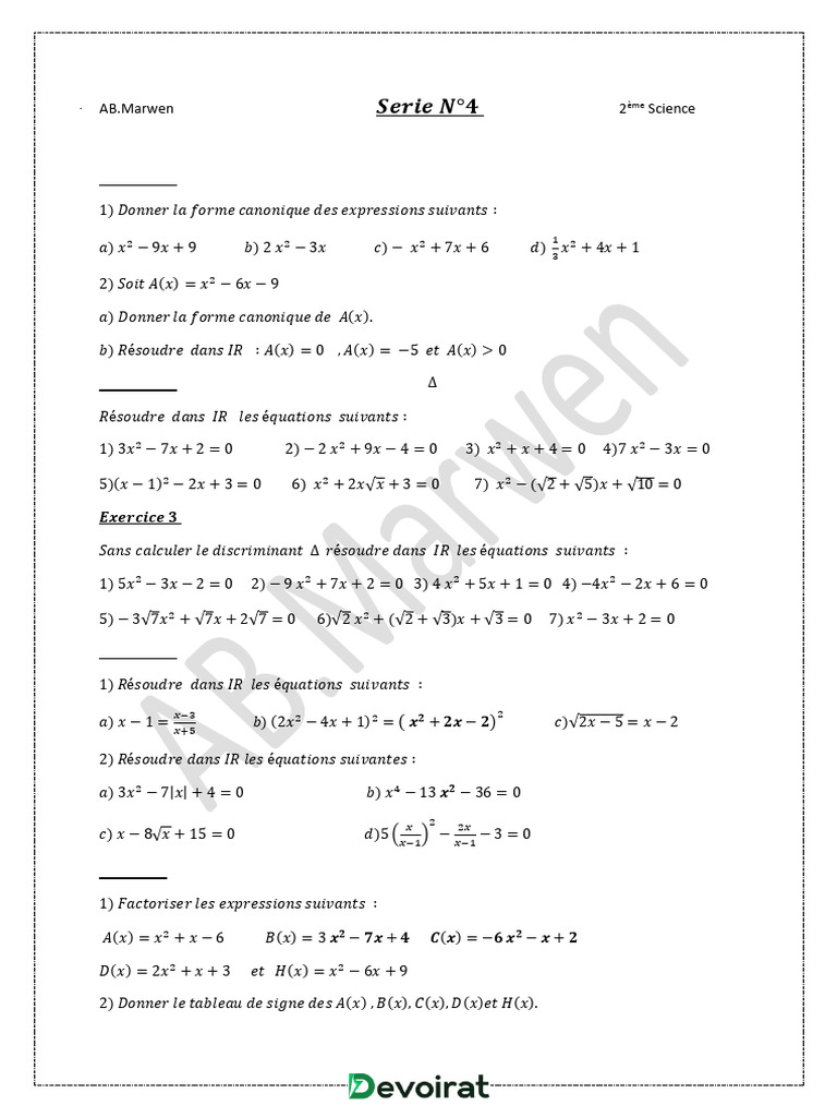 Série D'exercices Other - Math Equation de Second Degré - 2ème Sciences ...