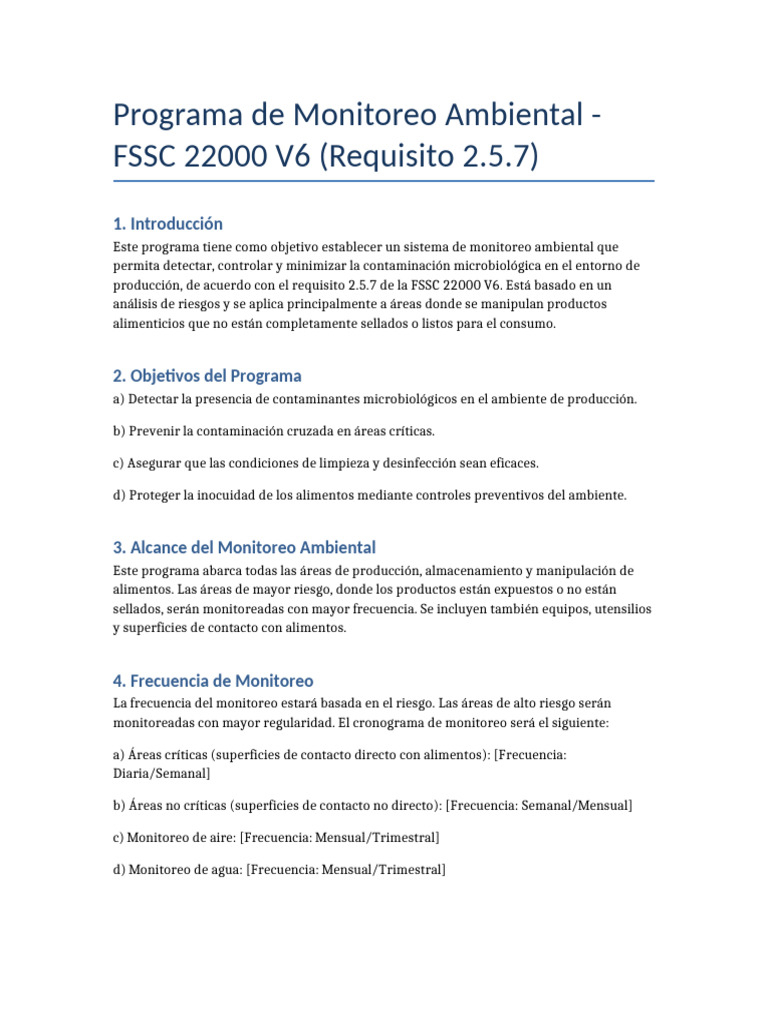 Programa Monitoreo Ambiental FSSC22000 | PDF