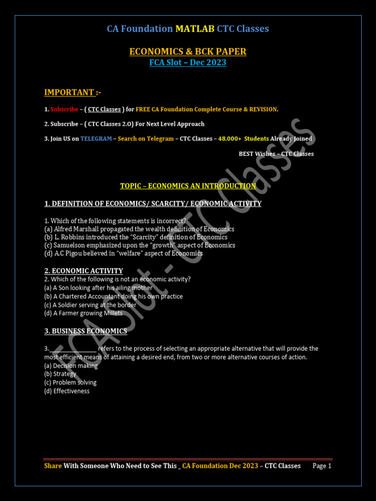 Economics Chapter Wise Topic - CTC Classes | PDF