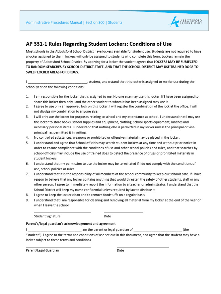 AP 331-1 Rules Regarding Student Lockers - Conditions of Use - Fillable ...