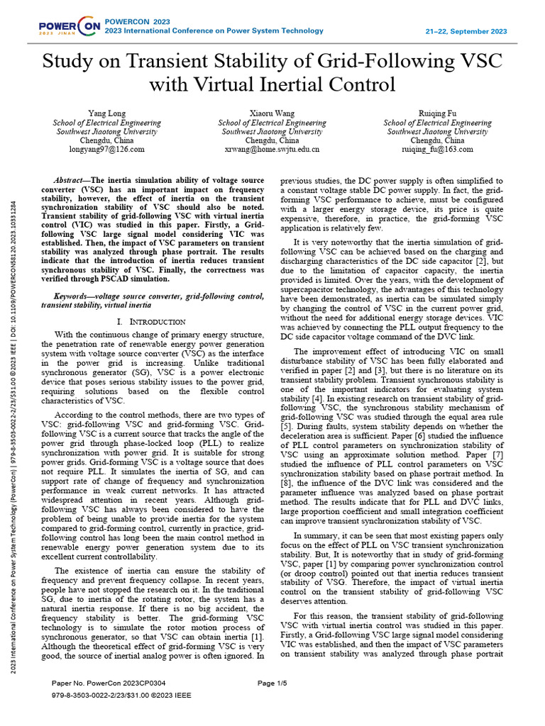 Study On Transient Stability of Grid-Following VSC With Virtual Inertial Control | PDF
