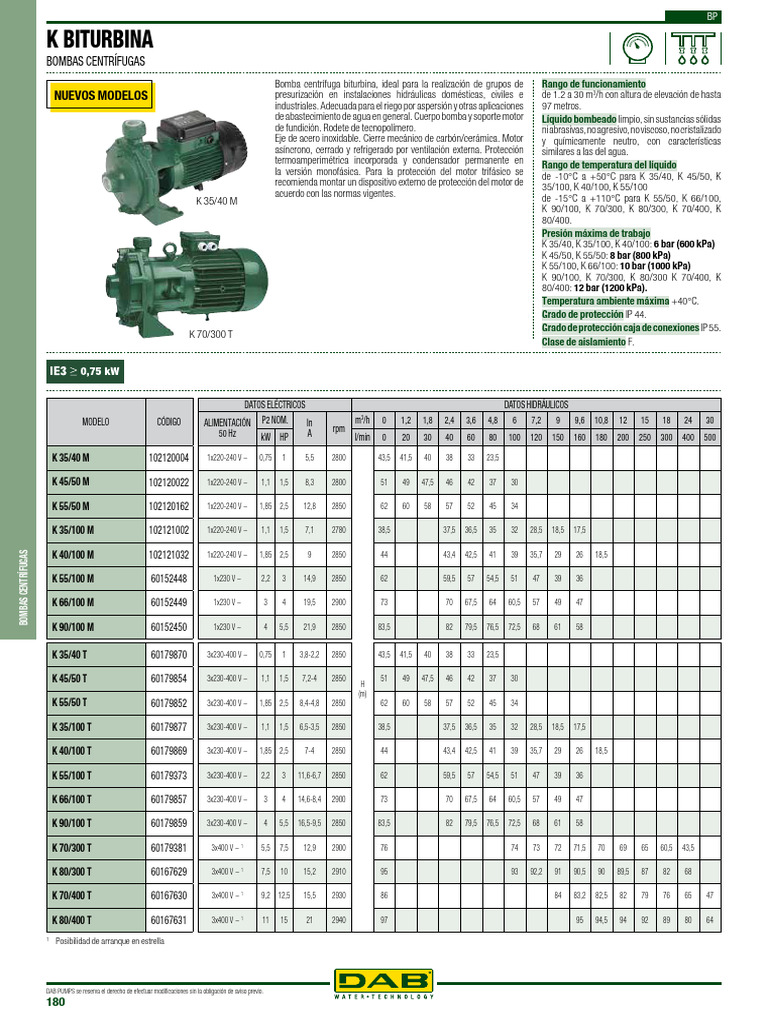 DAB K80-300 T (Biturbina) - Catálogo | PDF | Bomba | Motores