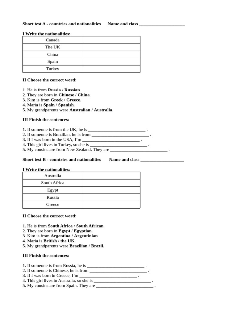 Countries and Nationalities Test 5. Raz | PDF