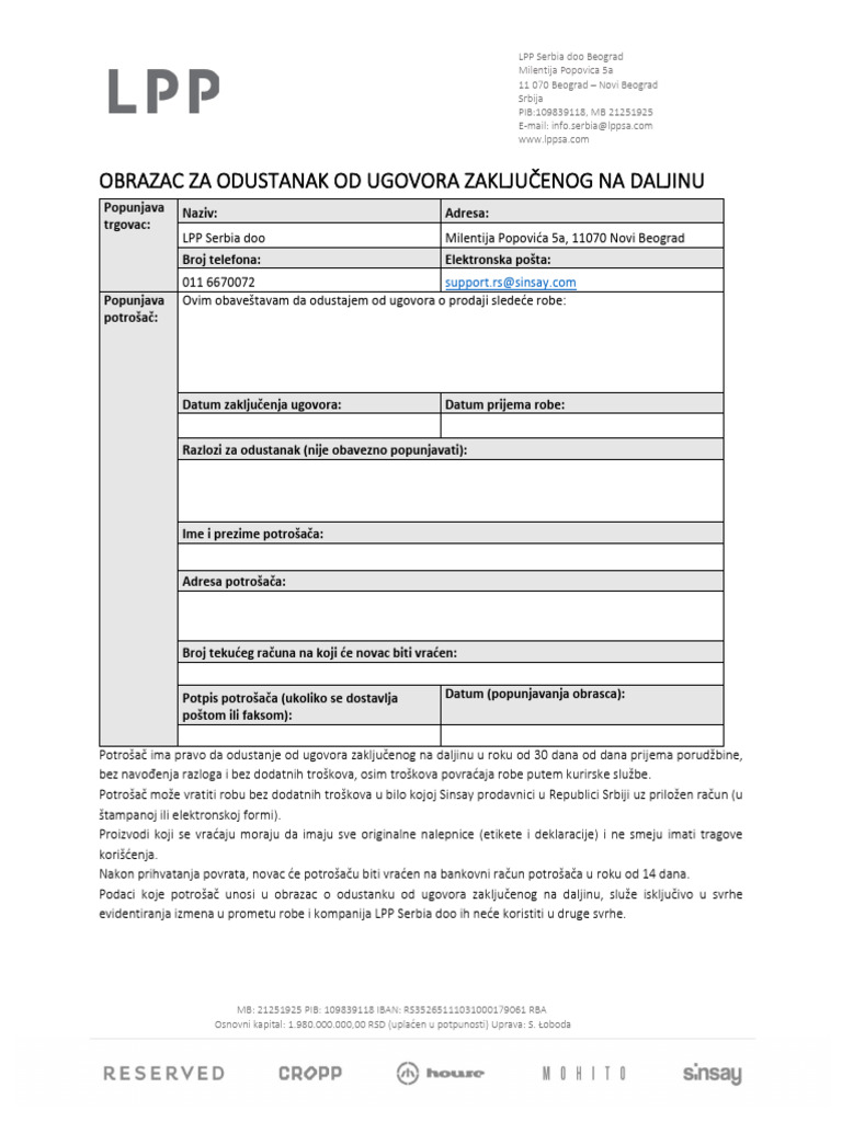 Obrazac Za Odustanak SINSAY | PDF