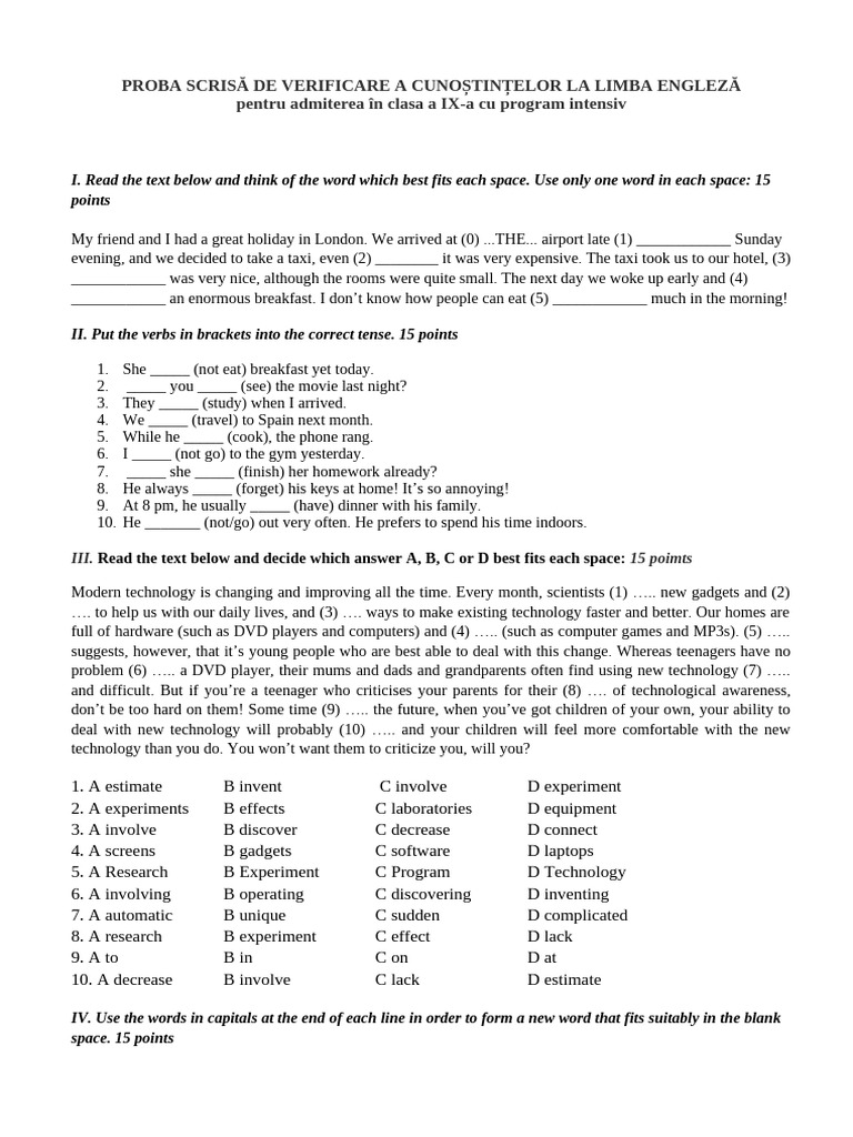 Test Engleza Intensiv V1 | PDF