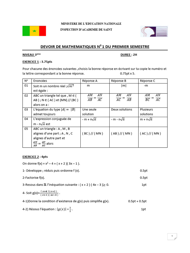 Devoir 1 de Maths 3e 2024 PDF | PDF