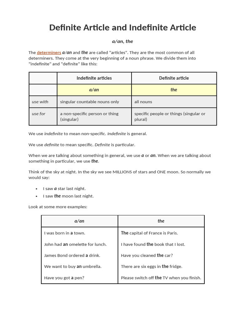 Definite and Indefinite Articles | PDF | Grammatical Number | Noun