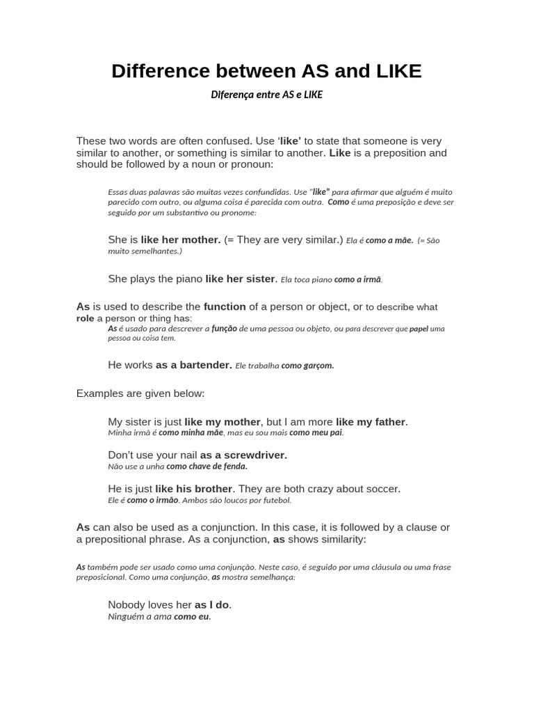 AS and LIKE - Difference Between | PDF | Syntactic Relationships ...