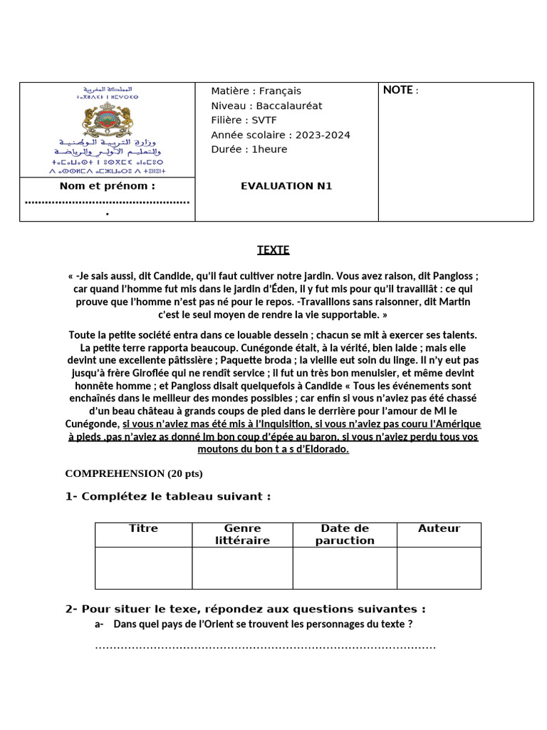 Evaluation 2 Bac | PDF