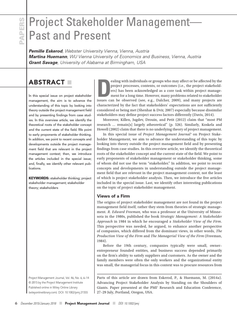 Eskerod 2015 - Project Stakeholder Management Past and Present | PDF
