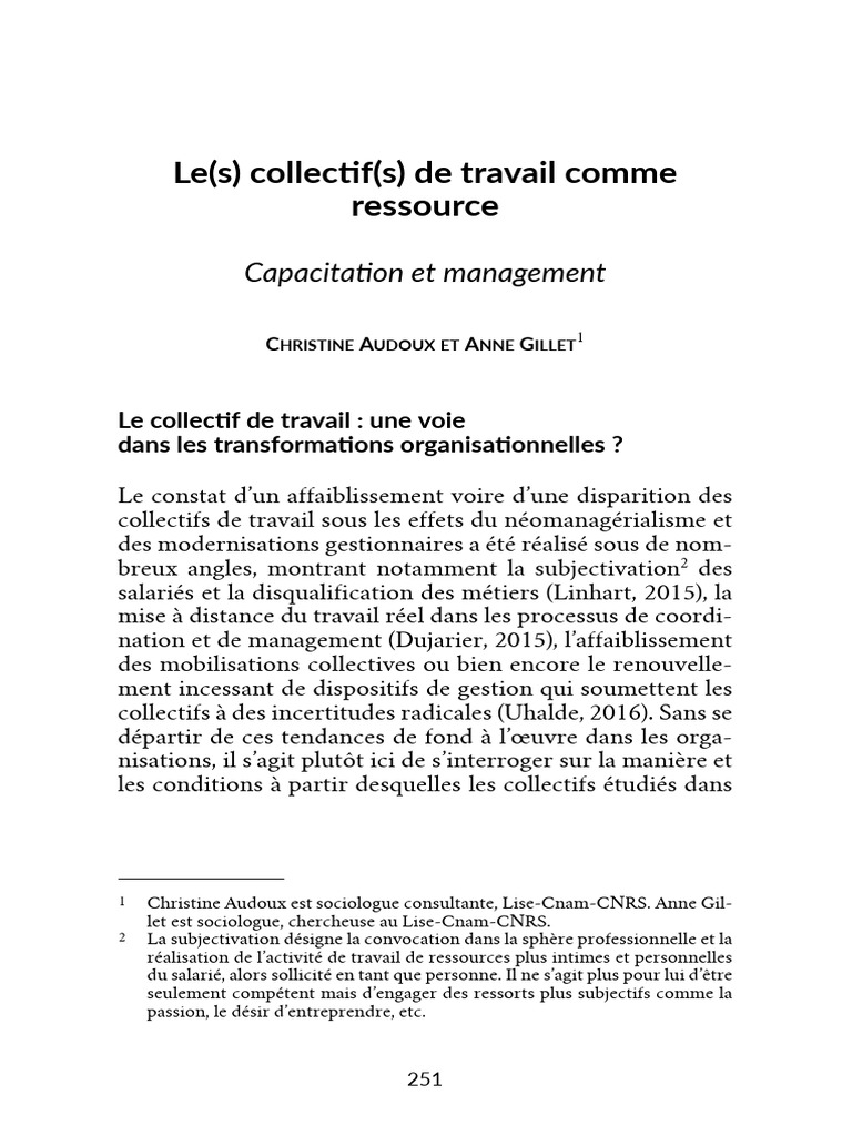 Le(s) Collectif(s) de Travail Comme Ressource: Capacitation Et Management | PDF