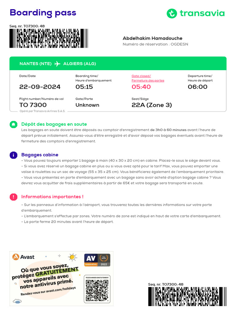 Transavia Boardingpass NTEALG TO7300 | PDF
