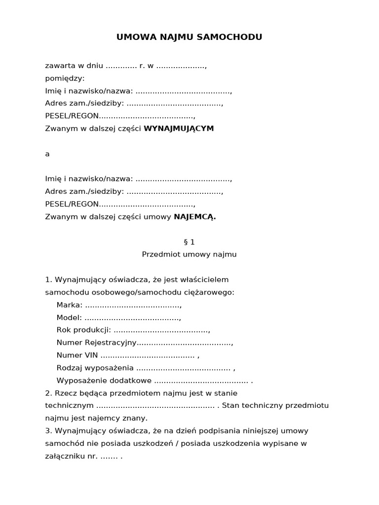 Umowa Najmu Samochodu Wzór | PDF