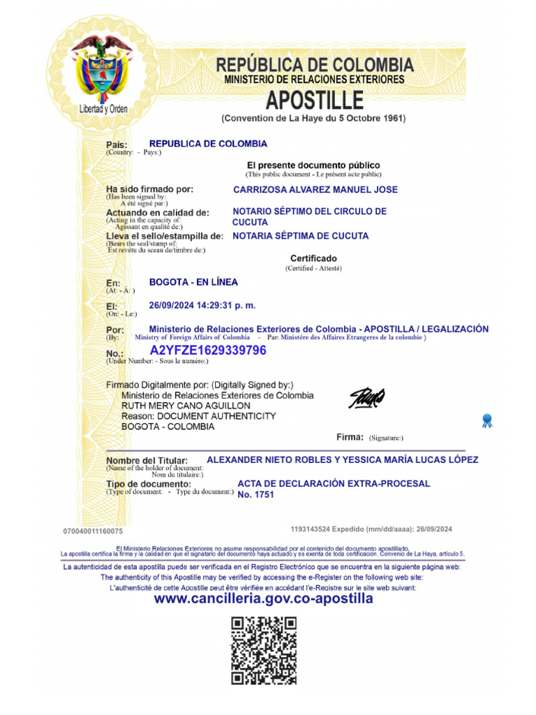 Apostilla Colombiana Acta Declaracion Extraprocesal | PDF