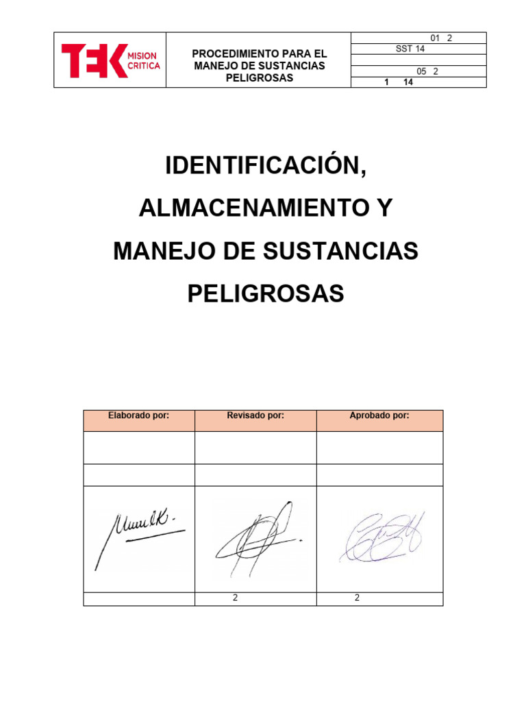 P-Sst-14-Procedimiento Identificacion, Almacenamiento y Manejo de Sustancias Peligrosas | PDF
