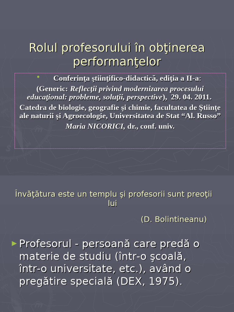 Rolul Profesorului În Realizarea Procesului Educaţional - II | PDF